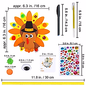 Winlyn 24 Sets Thanksgiving Turkey Ornaments Decorations Art Sets DIY Thanksgiving Craft Kits Fall Crafts Autumn Leaf Pumpkin Turkey Foam Stickers Arts and Crafts for Kids Party Classroom Activities