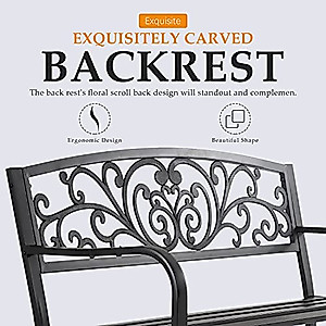 HCY Outdoor Bench, Garden Bench Metal Patio Front Porch Decor Furniture with Backrest Armrests, 50 Inch Slatted Seat for Outdoor, Park, Yard, (Black), x 21x 34.6