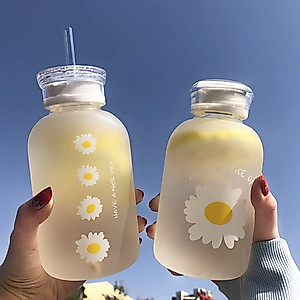 JZSMY 480ml Milk Juice Cute Water Bottle with Scale 2 Lids Little daisy Matte Portable Transparent Water Cup Glass Bottles Creative Handy Cup (1Pcs Six Flowers)