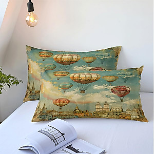Ydtwnyq Hot Air Balloons Duvet Cover Set Hand Painted Style Floating Hot Air Balloons Print Bedding Set Decorative 3 Piece Quilt Set with 2 Pillow Shams Queen Size Olive Green