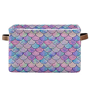 senya Large Foldable Storage Basket, Mermaid Fish Scale Wave Fabric Storage Bin Organizer Bag with Handles 15 x 11 x 9.5 inch