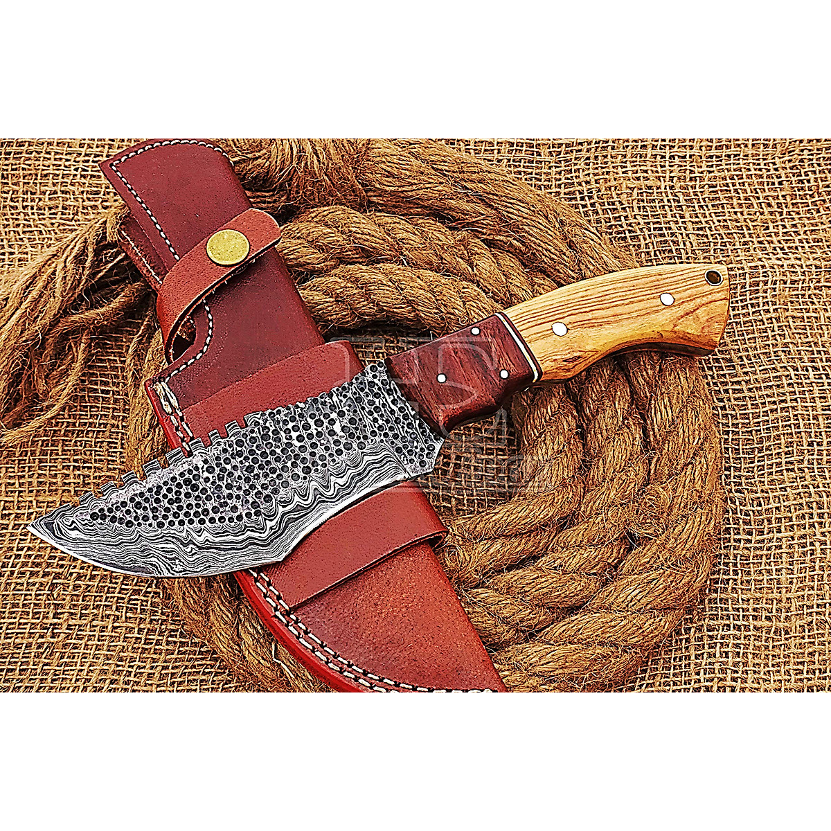 HUNTEX Handmade Exposed Hand-Forged Ladder Pattern Damascus Steel 10 Inch Long Full Tang Oak Wood Handle Razor Sharp Hunting Camping Tracker Knife w/Genuine Leather Pouch