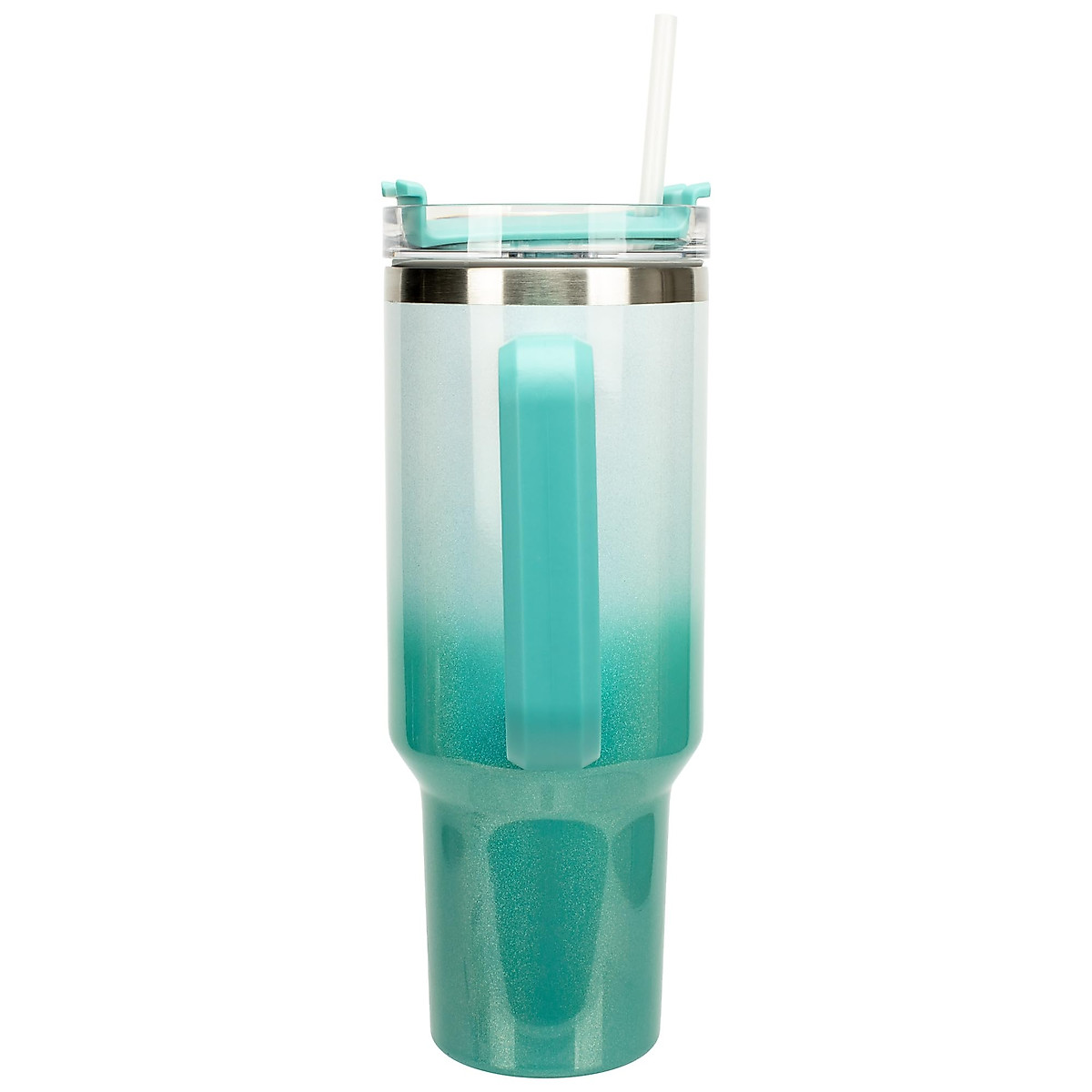 100 North | 40 oz Stainless Steel Double Wall Insulated Ombre Glitter Travel Tumbler With Handle, Straw, and Lid, I Run on Candy White/Teal