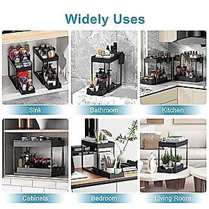 2 Pack Under Sink Organizers and Storage, 2 Tier Sliding Bathroom Organizer Under Sink, Adjustable Height Under Cabinet Organizer Basket with Hooks Hanging Cups, Shelf Organizer for Bathroom Kitchen