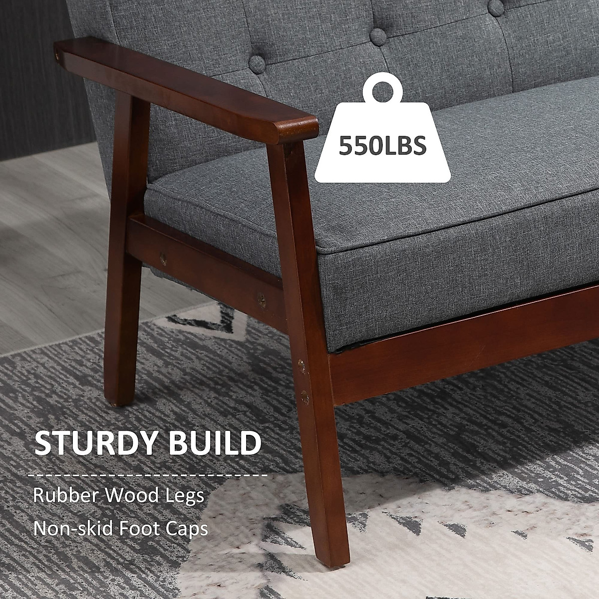 HOMCOM Modern Upholstered 2-Seat Loveseat Sofa with Linen-Touch Fabric and Rubberwood Legs, Grey