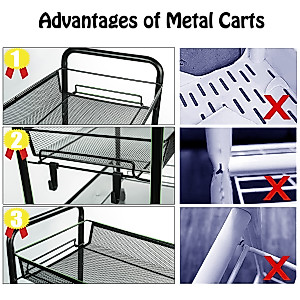 3 Tier All-Metal Rolling Cart, Trolley Craft Cart with Locking Wheels, Easy-Carry and Assembly Mesh Trolley Cart with 1 Small Baskets and 4 Hooks for Bathroom Kitchen Office Balcony Living Room
