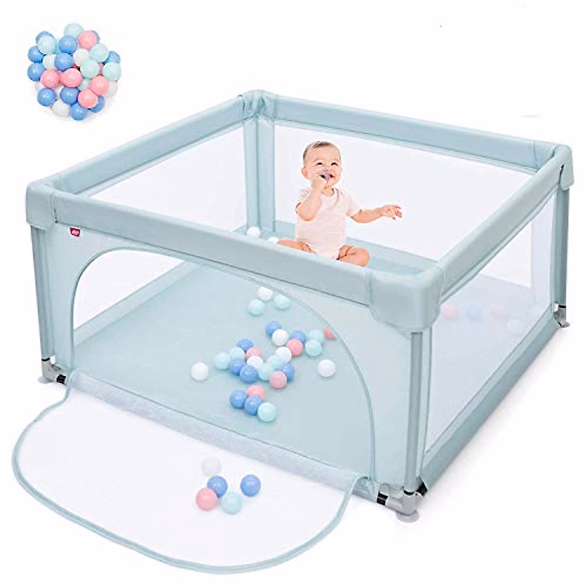 Costzon Baby Playpen, Extra Large Playard for Babies w/ 50 Ocean Balls, Infant Safety Gates with & Anti-Slip Suckers, Children's Fences with Breathable Mesh Walls, Toddler Play Yard (Blue)