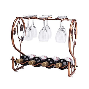 DreamiDeco Wine Rack with Glass Holderd,Freestanding Countertop Metal Wine Rack Wine Glass Holder Water Bottle Organizer Display Storage Home Kitchen Decor Holds 4 Wine Bottles and 6 Stemwares
