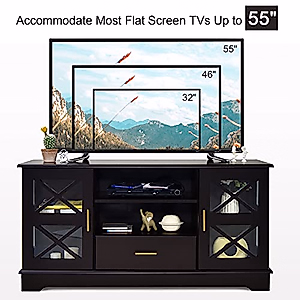 Tangkula Wood TV Stand with 2 Glass Door Cabinets, Media Console with Drawer & 2-Tier Adjustable Shelves, Living Room Entertainment Center for TVs up to 55 Inch, TV Console Table, Dark Brown