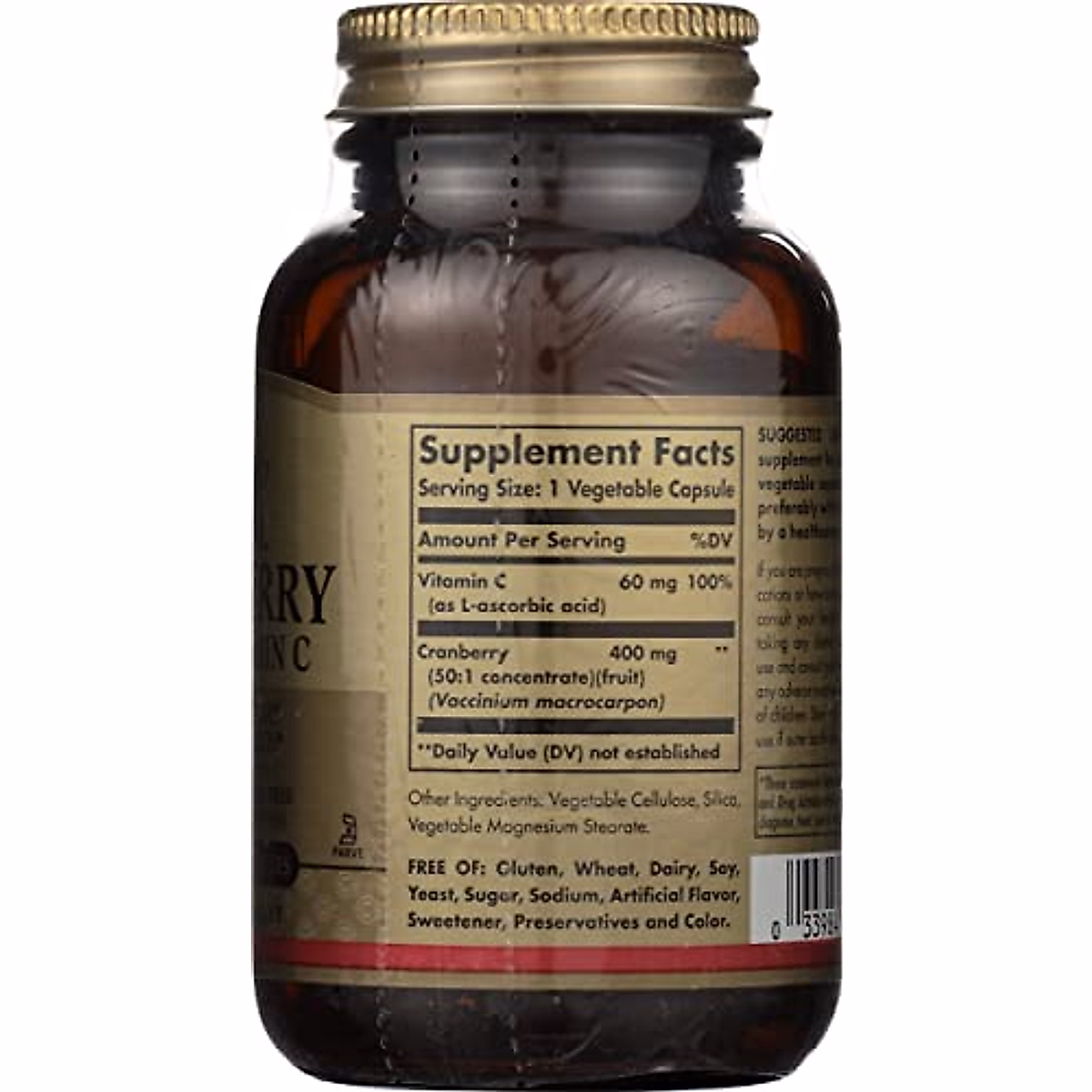 Solgar Natural Cranberry with Vitamin C, 60 Vegetable Capsules - Supports Urinary & Bladder Health - With Vitamin C for Immune Support - Non-GMO, Vegan, Gluten Free, Dairy Free, Kosher - 60 Servings