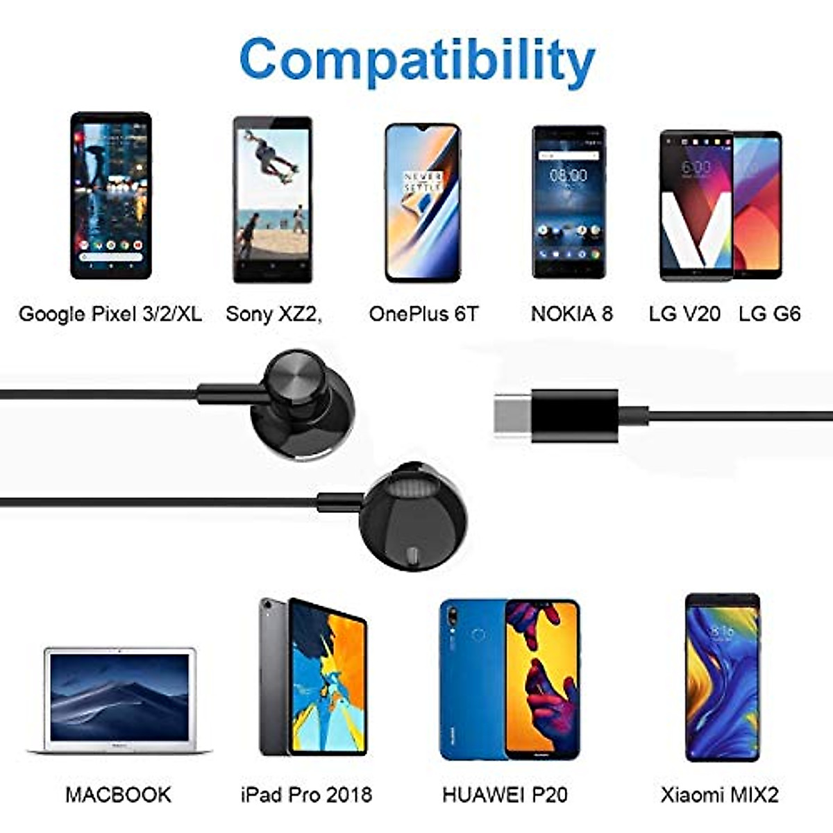 Urban Extreme USB Type C Earphones Stereo in-Ear Earbuds with Microphone and Volume Control Compatible with OnePlus 8 5G UW (Verizon) - Black (US Version with Warranty)