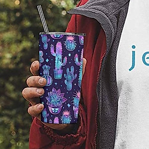KIOWEIR Neon Cactus And Flowers Stainless Steel Tumbler 20oz With Lid And Straw, Insulated Tumblers Coffee Cup, Travel Mug for Ice Drink & Hot Beverage for Women Men Boys Girls