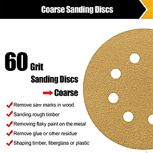 BOSHCRAFT 30 Pcs Sanding Discs, 60 Grit 5 Inch Sanding Disc 8 Holes Hook and Loop Sandpaper Orbital Sander Sandpaper for Woodworking Metalworking Random Orbital Sander Plaster Painted Surfaces Fillers