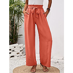 Heymoments Women's Wide Leg Lounge Pants with Pockets Coral Large Lightweight High Waisted Adjustable Tie Knot Loose Comfy Casual Trousers
