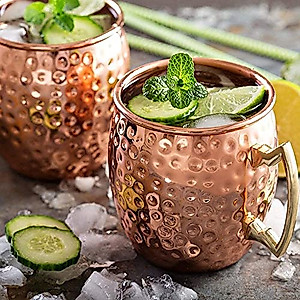 Copper Cure Moscow Mule Mugs | Large Size 19 ounces | Set of 4 Hammered Cups | Stainless Steel Lining | Pure Copper Plating | Gold Brass Handles Gift Pack
