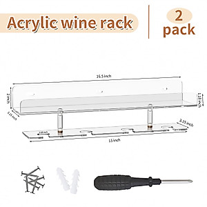 Hexsonhoma 16.5'' Wall Mount Wine Rack with Glass Holder, Hanging Wine Glass Rack, Clear Acrylic Wall Bar Shelf for Wine, Glass, Plants, Pictures, Corkscrews