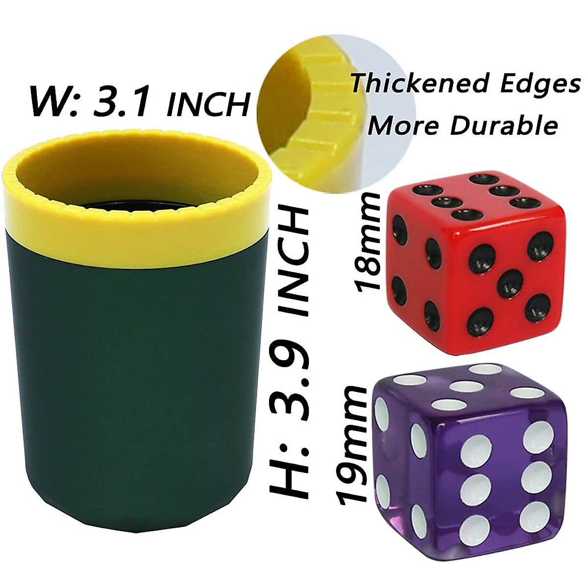 Dice Stacking Cup(Green) Set with 4 Pcs 19mm(Puple) and 5 Pcs 18mm(Red) Standard 6 Sided Dices, with Storage Bag-Magic Tricks Instruction