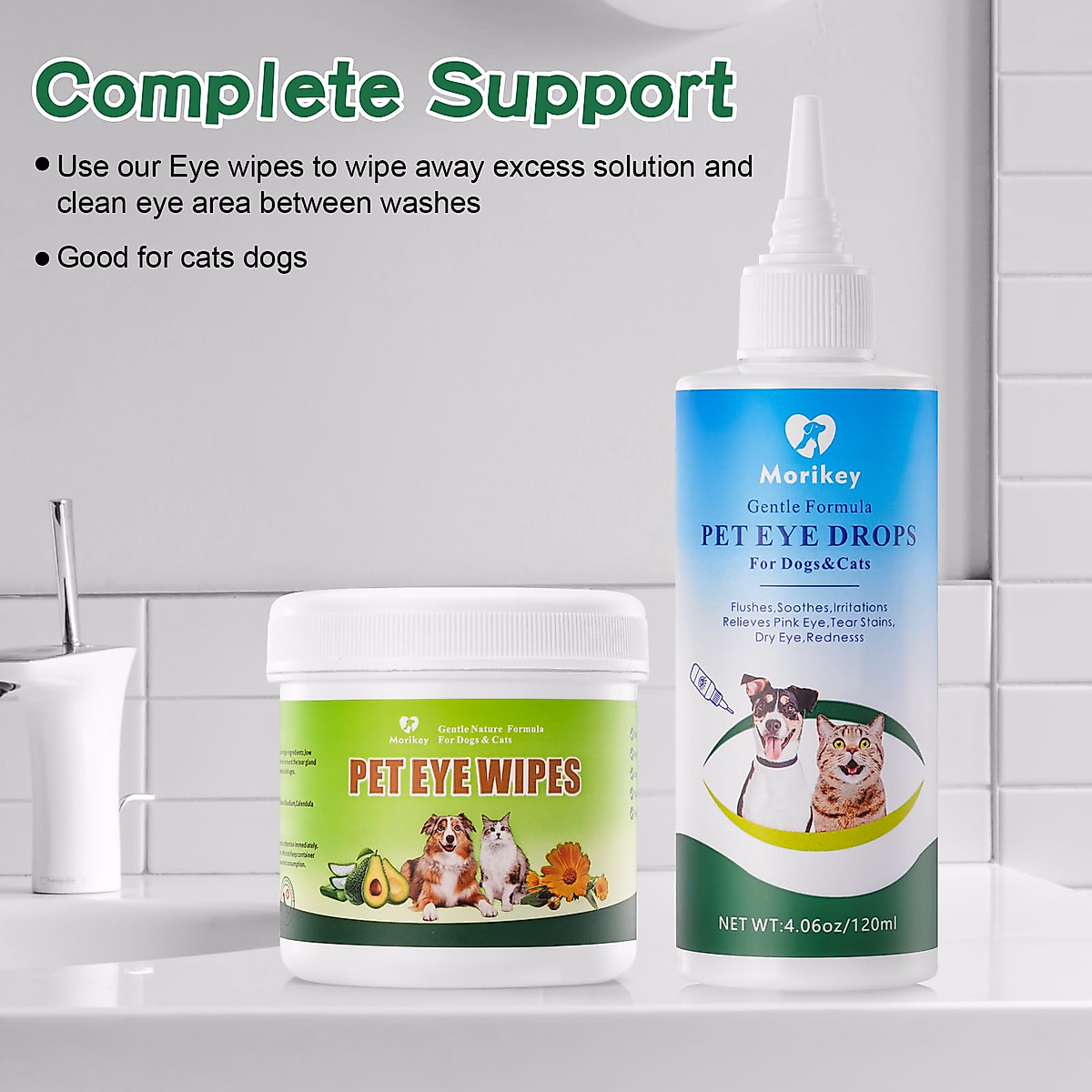 Morikey Pet Eye Drops,Gentle&Safe Dog Eye Drop for Infection,Relieve Eyes Itching & Irritation,Remove Tear Stains,Safe for All Animals, 4.06oz,120ml