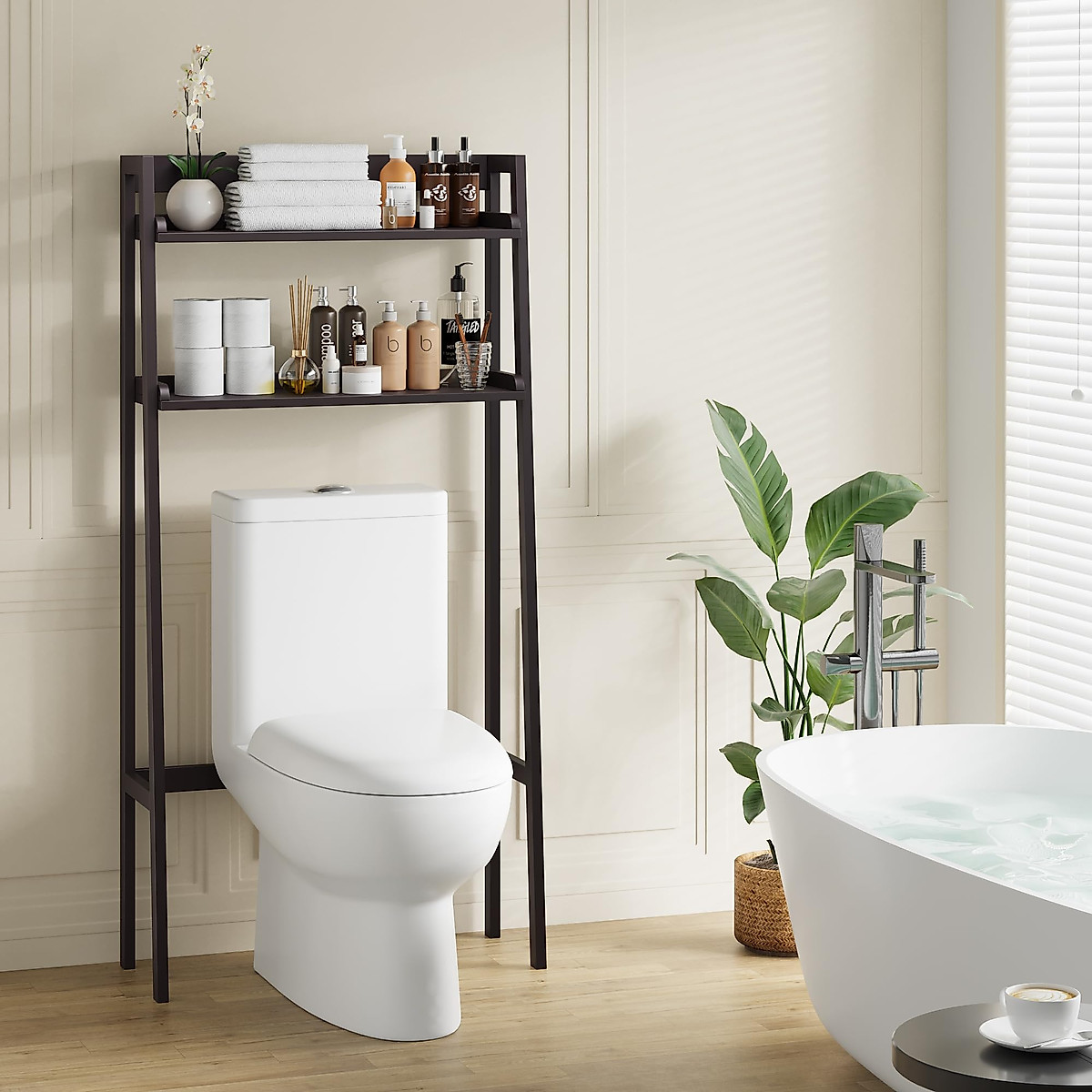 HITHOS Over The Toilet Storage Rack, 2-Tier Freestanding Bathroom Organizer, Wooden Bathroom Space Saver Toilet Rack for Home Office, Dark Brown