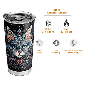 20oz Cute Beautiful Flower Cat Tumbler, Gifts for Cat Lovers, Coffee Thermos for Women, Stainless Steel Double Wall Vacuum Insulated Coffee Mug, Travel Cup with Lid