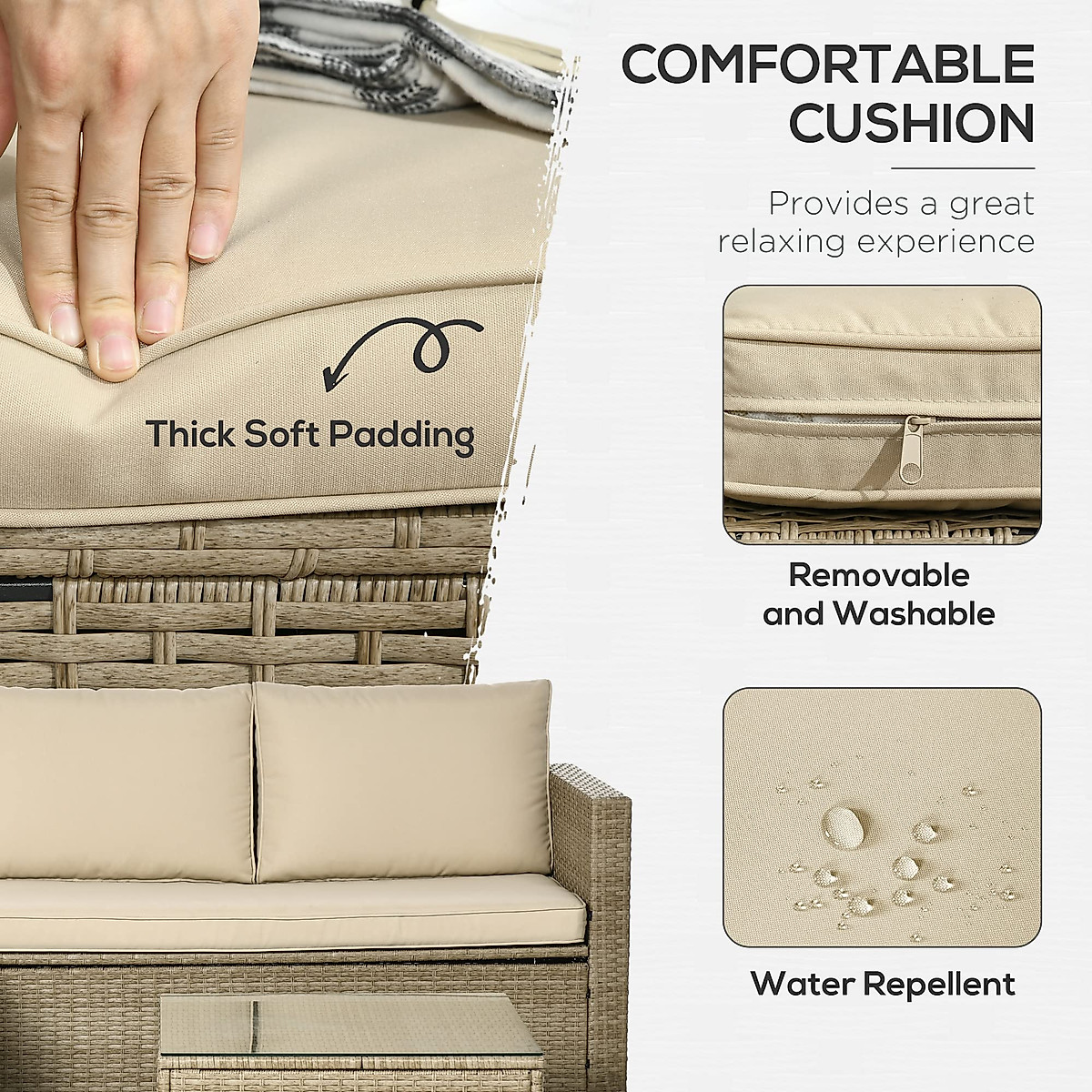 Outsunny 3 Piece Patio Wicker Furniture Set with Storage Loveseat, PE Rattan Conversation Sofa Set, L-Shaped Sectional Couch with Soft Cushions, and Glass Top Coffee Table, Khaki