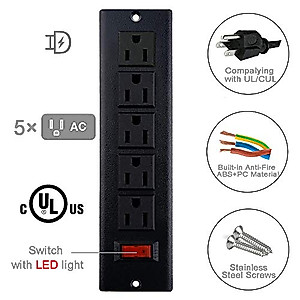 Desk Outlets Recessed Power Strip Without USB Ports Mountable Power Strip Under Desk Power Charging Station with 5AC Outlets Black