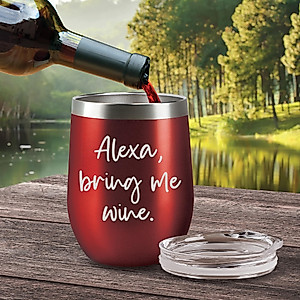 Chris's Stuff 12 oz Wine Tumbler - Iced Coffee Mug with Splash-Proof Lid Stainless Steel Double Wall Vacuum Insulated with Inner Layer Copper Keep Drinks Cold/Hot - Quote: Alexa Bring me Wine (Red)