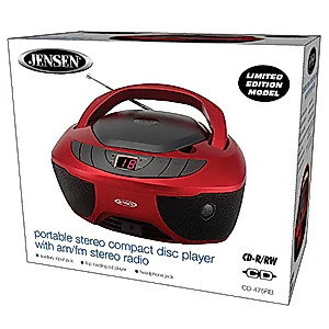 Jensen CD-475R Portable Sport Stereo Boombox CD Player with AM/FM Radio and Aux Line-in & Headphone Jack (Red)