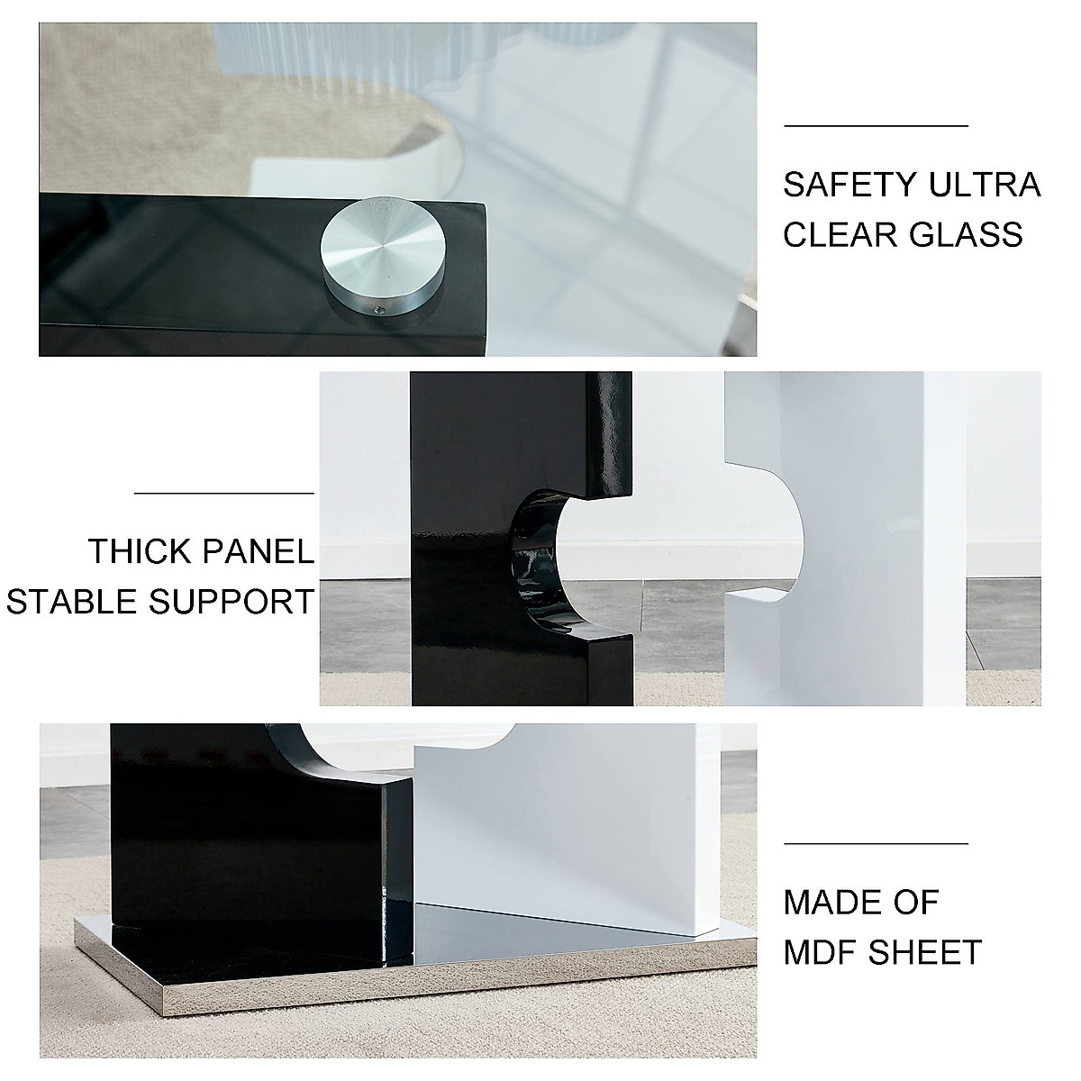 63 inch Glass Dining Table for 6 or 4, Modern Dining Room Table with Tempered Glass Tabletop and Double Pedestal Base, Large Rectangular Kitchen Table for Dining Room Banquet (Black&White)