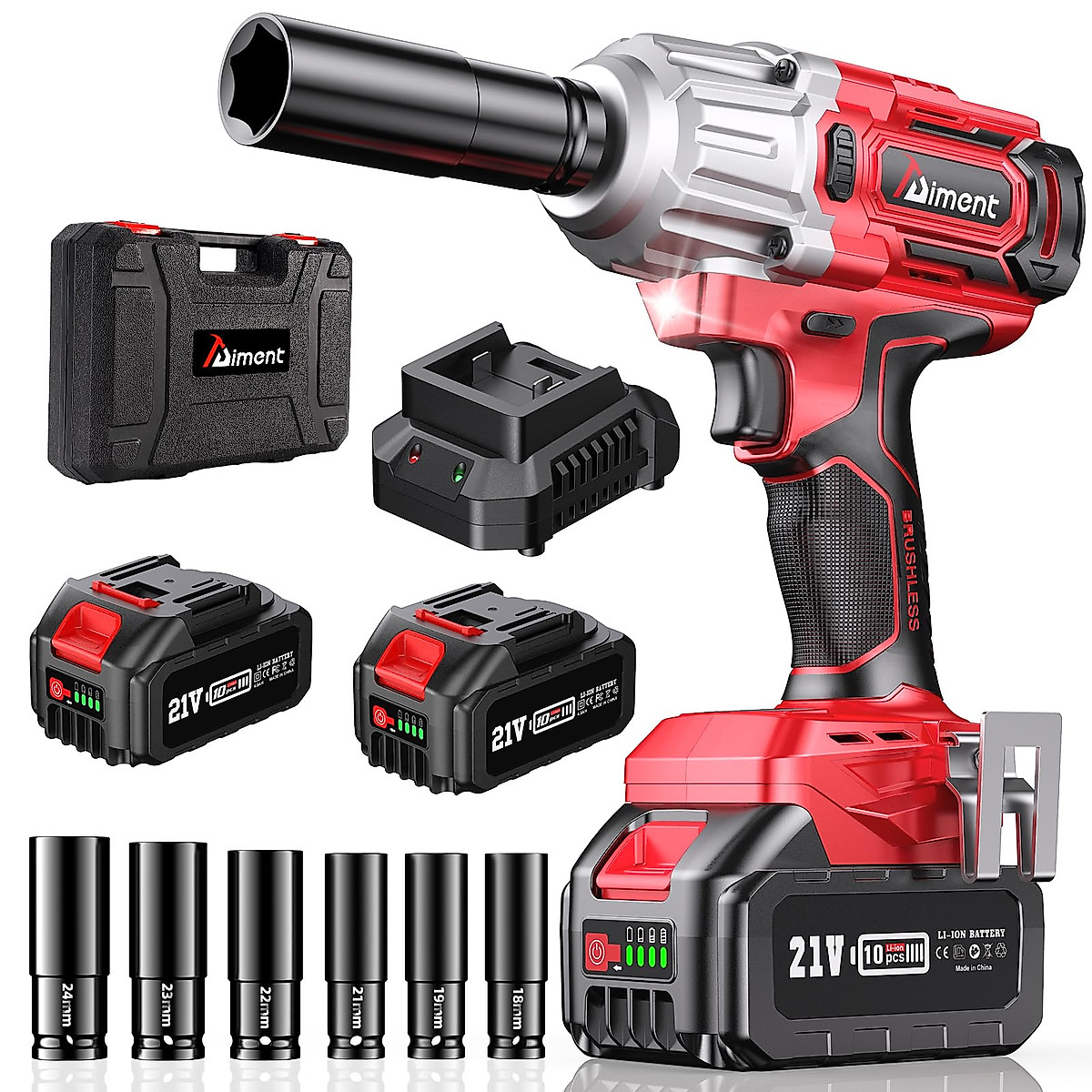 Aiment 590 Ft-lbs/800Nm Cordless Impact Wrench 1/2 inch, 3000RPM Brushless Impact Gun w/ 2 * 4.0Ah Li-ion Battery, Fast Charger, 6 Sockets, Electric Impact Wrench for Car Home Truck Tractor AM800