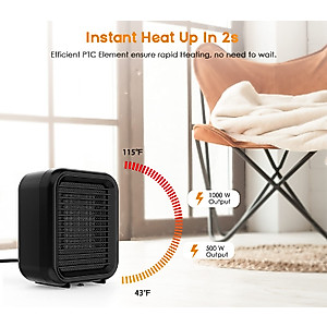 1000W Small Portable PTC Ceramic Heaters for Bedroom, Energy Efficient Electric Heater with Tip-Over and Overheat Protection, Personal Desk Heater for Bathroom Home Dorm Office Indoor Use