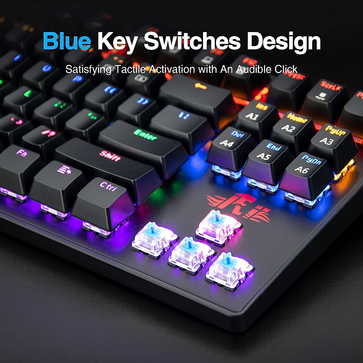 Rii RK908 Mechanical Gaming Keyboard RGB LED Rainbow Backlit Wired Compact Keyboard with Blue Switches 87 Keys for Windows PC Gaming