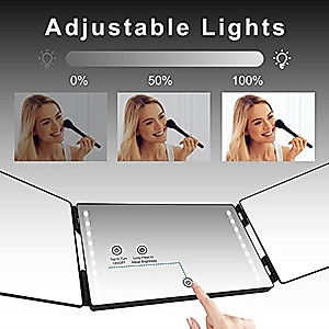 GULAURI 3 Way Mirror with LED Lights for Hair Cutting 360 Barber Mirror Trifold Mirror Portable Mirrors,Adjustable, Portable, Hands-Free