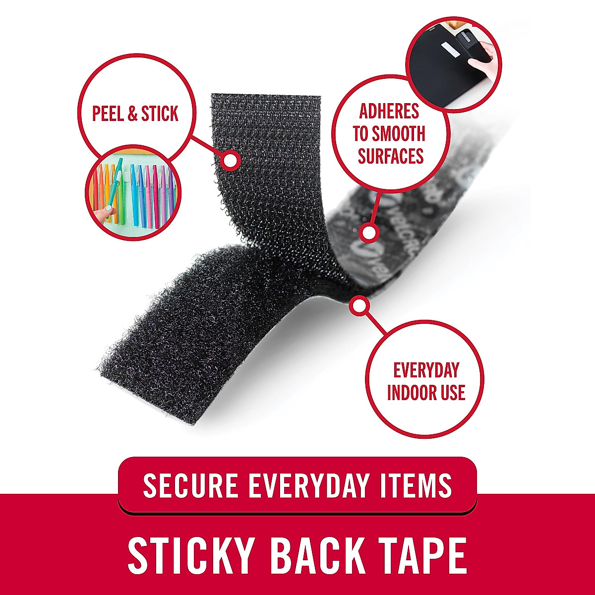 VELCRO Brand Sticky Back Strips with Adhesive | 4 Count | Black 3 1/2 x 3/4 In | Hook and Loop Fasteners for Home Organization, Classroom or Office