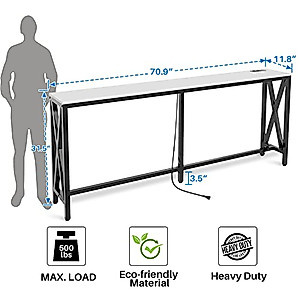 Aquzee Console Table with 2 Power Outlet and 2 USB Ports, 70.9" x 11.8" x 31.5" Steel Frame Narrow Behind Couch Sofa Table, Extra Long White Entryway Table
