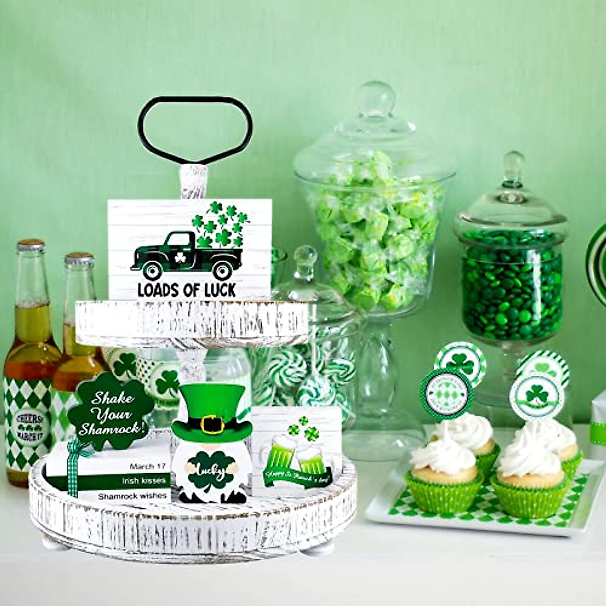 St Patricks Day Tiered Tray Decor Set, 7 Pieces Thick Wooden Lucky Shamrock Mini Sign Farmhouse Rustic Table Ornaments for Home Decor Kitchen Table Decoration, Housewarming Gift [Tray Not Included]