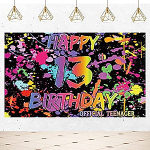 Joyiou Glow in The Dark Happy 13th Birthday Decorations Backdrop Banner for Girls Boys, Official Teenager Paint Splatter Graffiti Birthday Party Colorful Neon Sign Supplies Photo Booth Props (5x3ft)