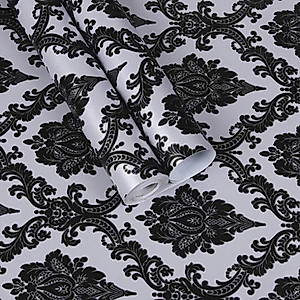 REDODECO Vintage Black Damask Adhesive Paper Shelf Liner Peel & Stick Dresser Drawer Sticker Home Deco Wallpaper 17.7inch by 100inch