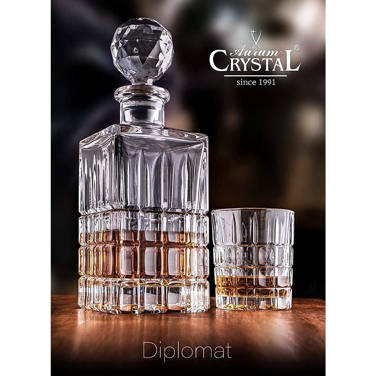 BOHEMIAN CRYSTAL GLASS SET 1+6 DECANTER 23oz./700ml. + TUMBLERS 10oz./300ml. WHISKEY VODKA LIQUEUR JUICE VINTAGE ''Diplomat'' DESIGN ELEGANT CENTERPIECE Set-7 Pcs CLASSIC CZECH CRYSTAL GLASS