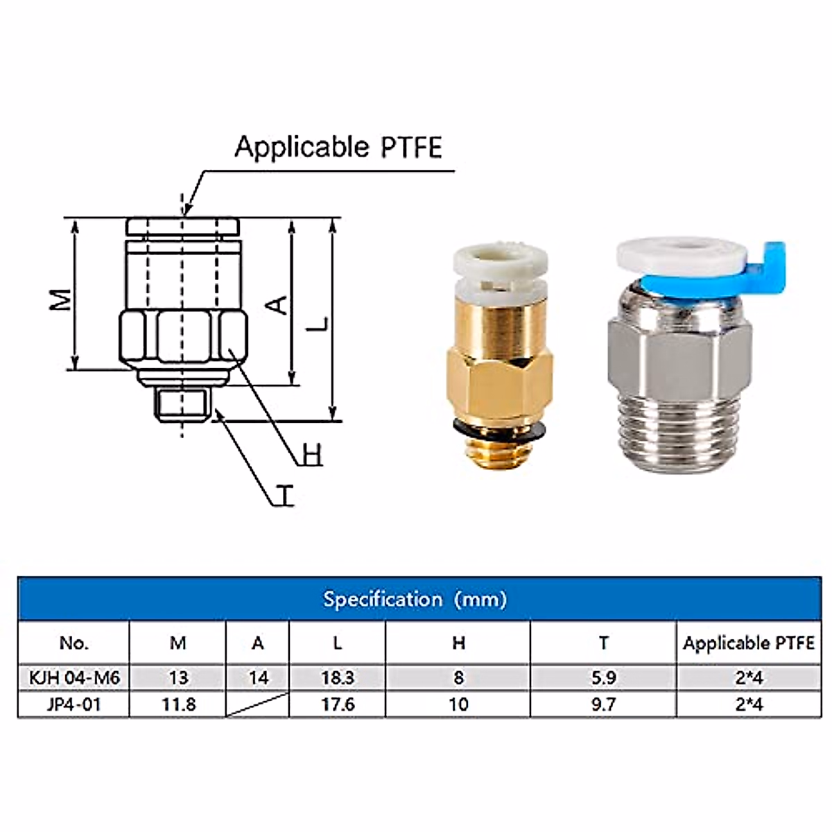 PTFE Bowden Tube (1M) 1PCS+ 6pcs KJH04-M6 Fittings + 6pcs JP4-01 Pneumatic Fittings with PTFE Tube Cutter for 3D Printer 1.75mm Filament