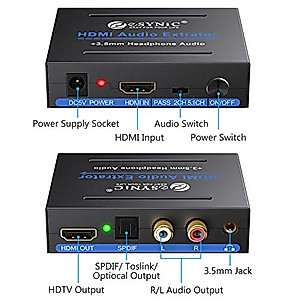 eSynic 4K HDMI Audio Extractor HDMI to HDMI + Optical TOSLINK SPDIF + Analog RCA L/R +3.5mm Jack Stereo Audio Video Splitter Converter with Power ON/Off Switch Support 4K Full HD1080p 3D