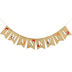 Whaline Thankful Burlap Banner with Rustic Autumn Maple Leaves Thanksgiving Day Decorations Garland Fall Harvest Home Decor Mantel Fireplace Wall Hanging