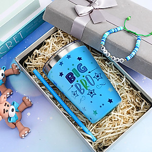 Maxcheck 2 Pcs Big Brother Gift Brother Christmas 12 oz Big Brother Cup Stainless Steel Mug Blue Vacuum Insulated with Leak Proof Lid and Straw Big Brother Bracelet for Little Boy