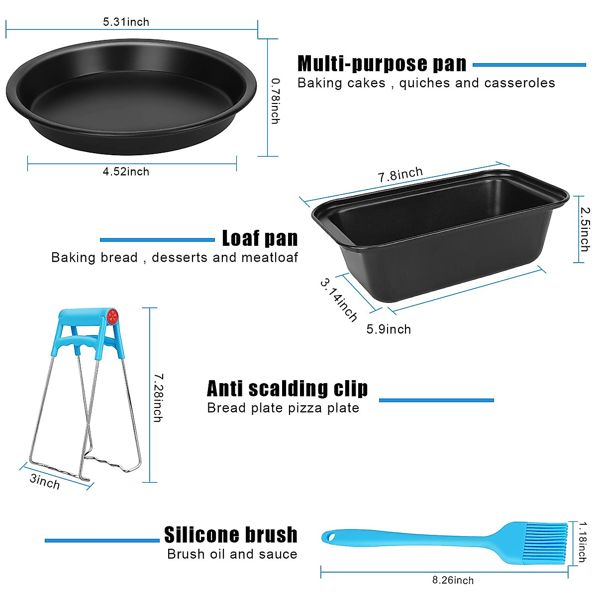 Air Fryer Accessories 8pcs Set, Nonstick Air Fryer Accessory with Cake Pan, Pizza Pan, Multi-Layer Rack, Skewer Rack, Fits Dual Basket Air Fryers