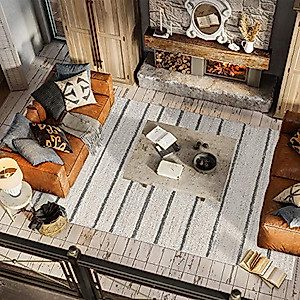 JONATHAN Y MOH201A-8 Williamsburg Minimalist Stripe Indoor Farmhouse Area-Rug Bohemian Minimalistic Easy-Cleaning Bedroom Kitchen Living Room Non Shedding, 8 X 10, Cream,Gray