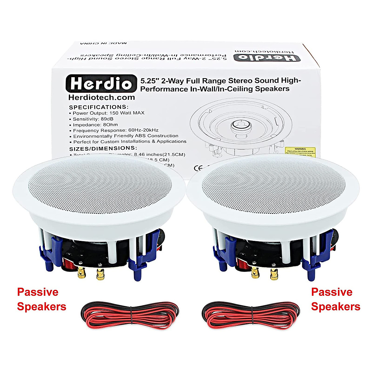 Herdio 5.25 Inch 300 Watts Ceiling Speakers Passive Wired, Premium Spring Loaded in Wall Speaker, for Home Theater Living Room Office(2 Speakers)