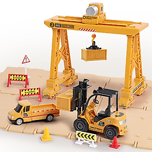 iPlay, iLearn Construction Truck Toy Set, Cargo Transport Vehicles Site Playset, Gantry Crane, Trailer, Logging, Pickup Tow Trucks, Forklift, Birthday Gift for 3 4 5 Year Olds Boys Kid Toddler Child