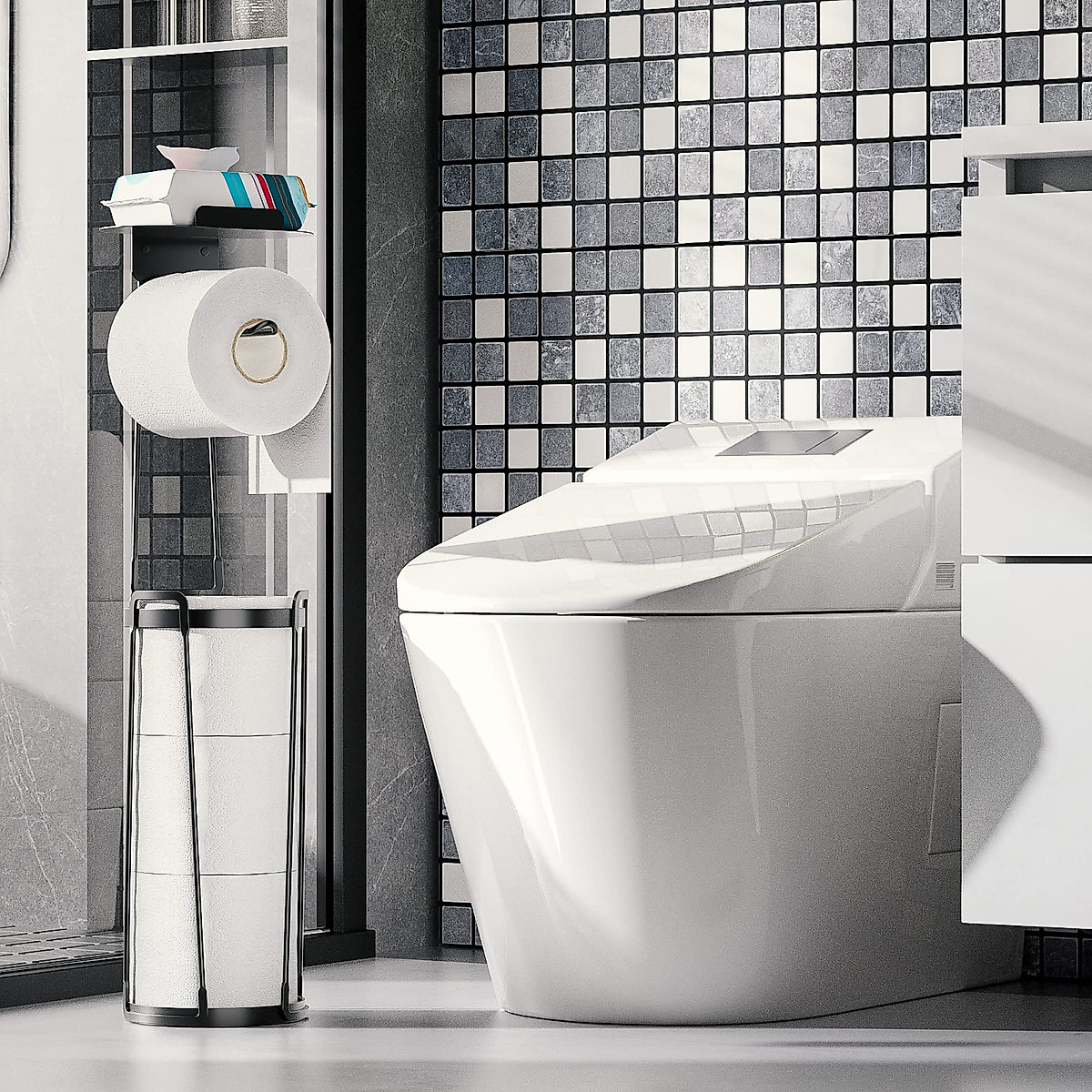 ROLABAM Heavy Weighted Toilet Paper Holder (with Reserve Function and Shelf) Free Standing Toilet Paper Storage，Spare Tissue Paper Roll Holder Storage Stand for Bathroom Total Height 26" ，Matte Black