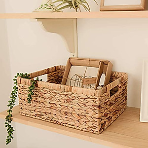 Yesland 3 Pack Water Hyacinth Storage Baskets, Natural Multisize Rectangular Storage Bins with Handle, Hand-Woven Organizer Container Bins with Iron Wire Frame for Bedroom, Living room