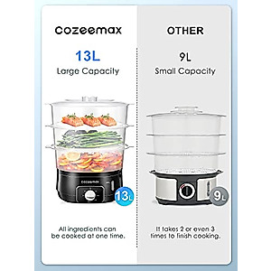 Cozeemax 13.7QT Electric Food Steamer for Cooking, 3 Tier Vegetable Steamer for Fast Simultaneous Cooking, 60 Minute Timer, BPA Free Baskets, 800W (Black)